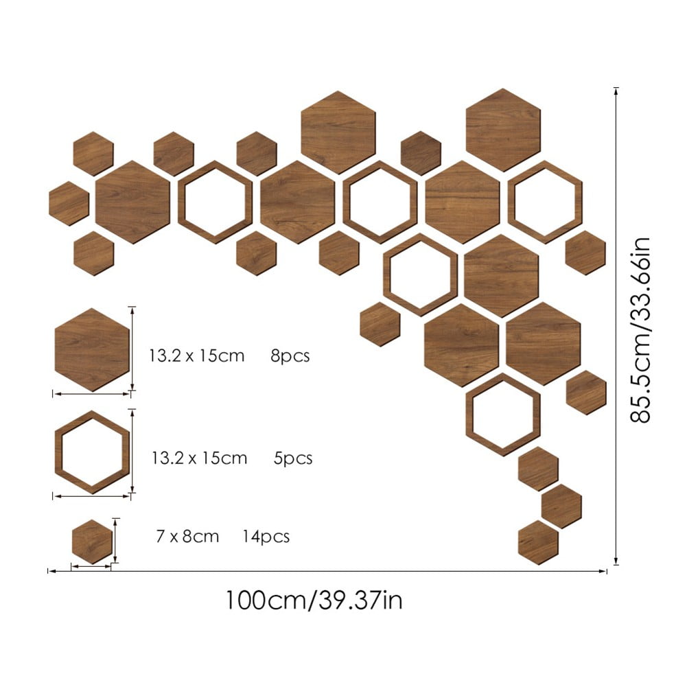 27 Pieces Wooden Hexagon Wall Art Decor Removable Hexagon Wall Sticker ...
