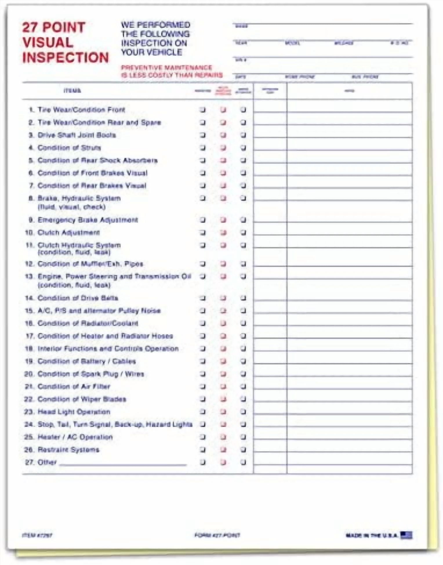 27 Point Inspection Sheet - Vehicle Inspection Form - 100 Pack ...