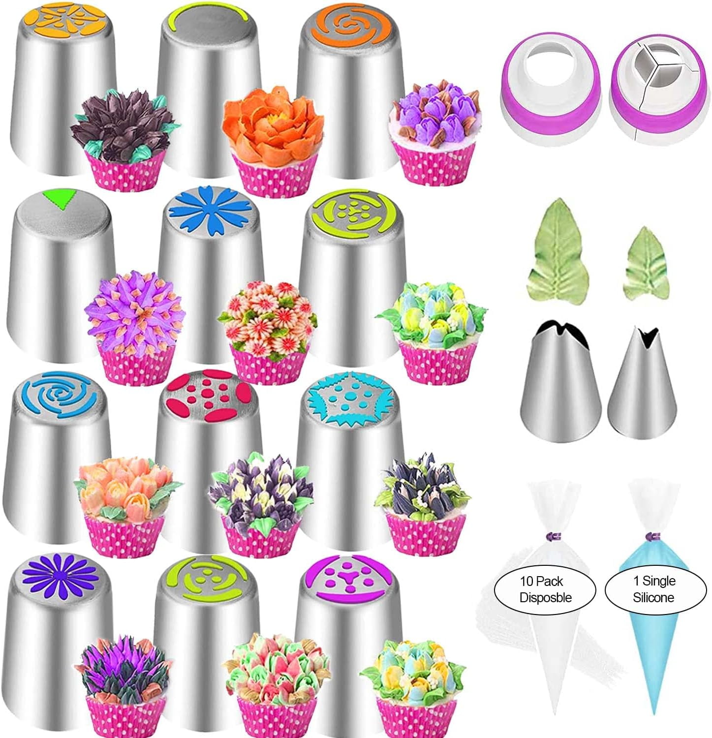 27 Russian Piping Tips, Piping Bags and Tips Set, 12 Flower Frosting ...