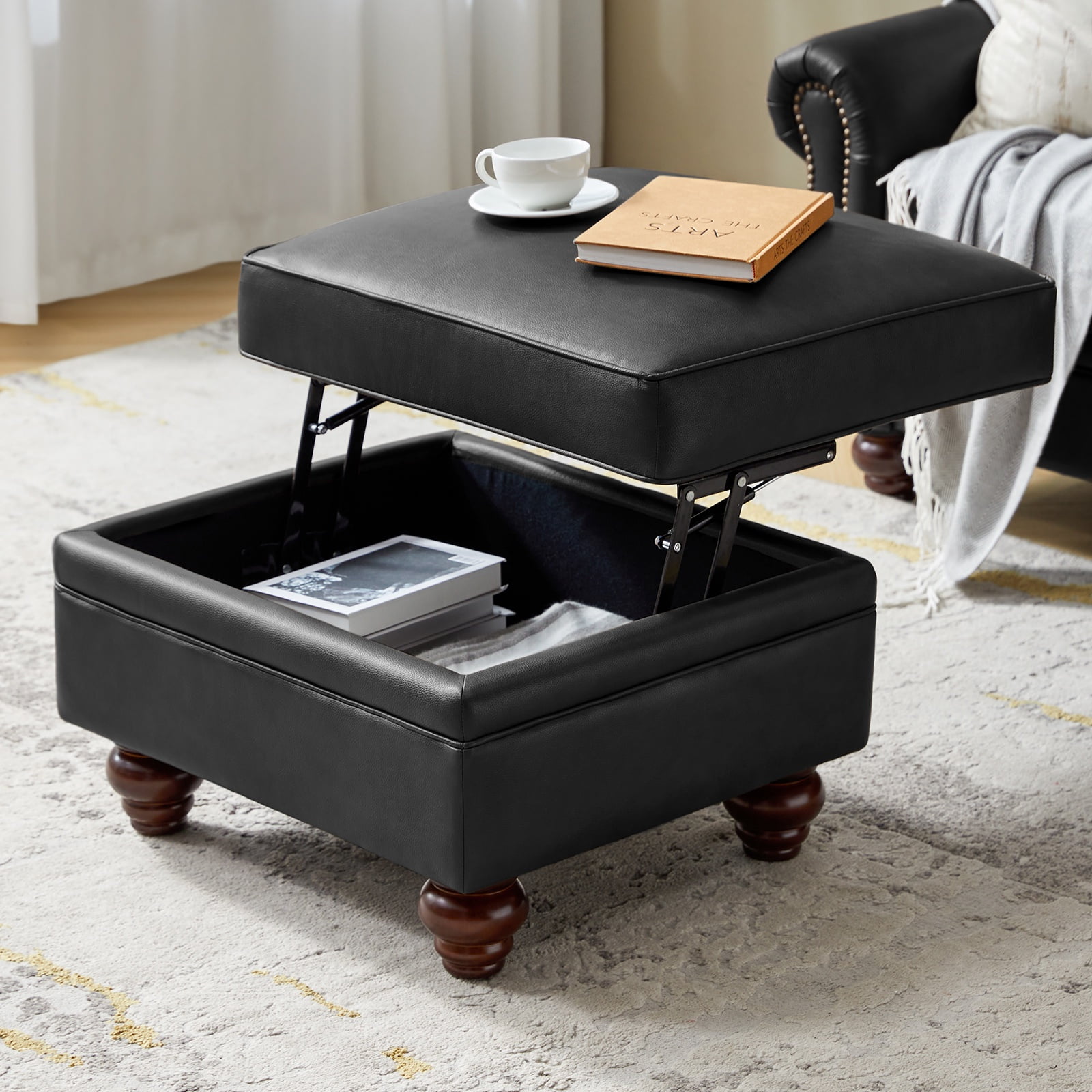 27" Square Ottoman Coffee Table Faux Leather Lift Top Storage Footrest ...