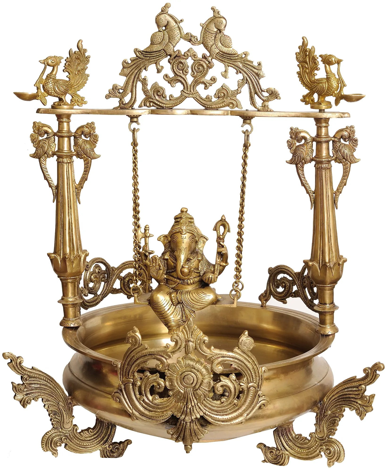 27" Swinging Lord Ganesha Urli With Miniscule Peacock Lamps In Brass ...