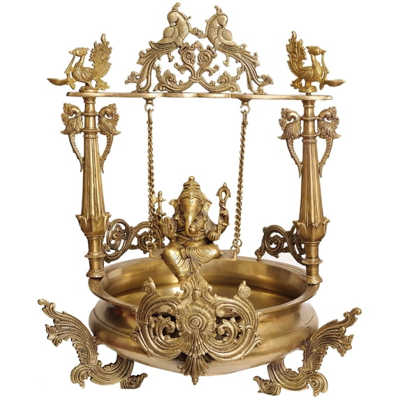27" Swinging Lord Ganesha Urli With Miniscule Peacock Lamps In Brass ...