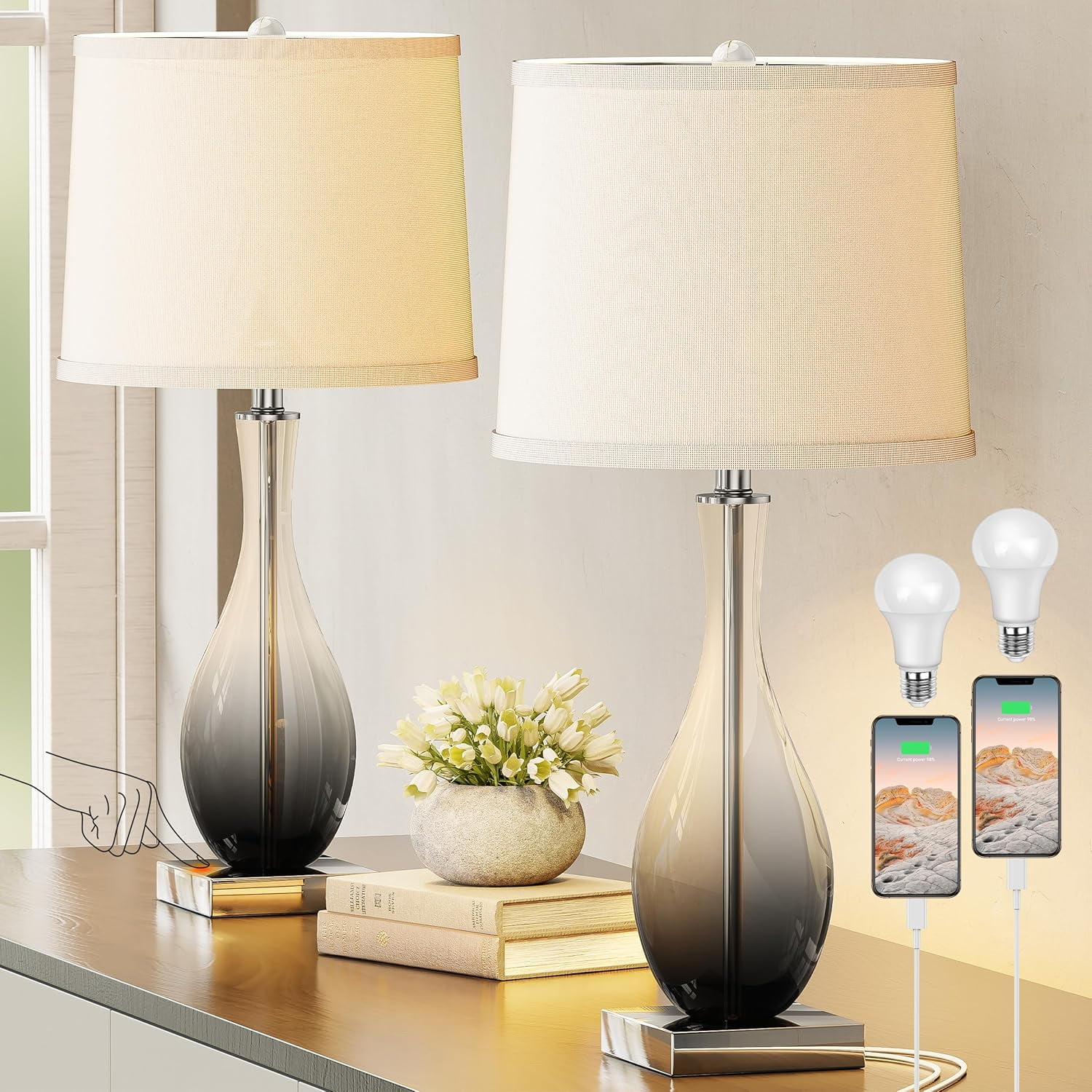 27" Table Lamps Set of 2 Touch Control Dimmable Glass Table Lamp for ...