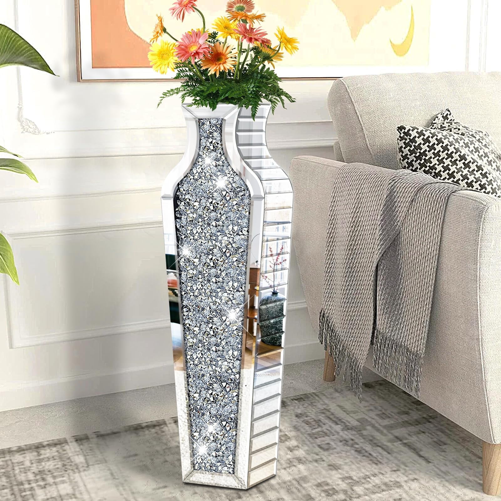 27" Tall Crushed Diamond Floor Vase, Silver Large Vases for Decor ...