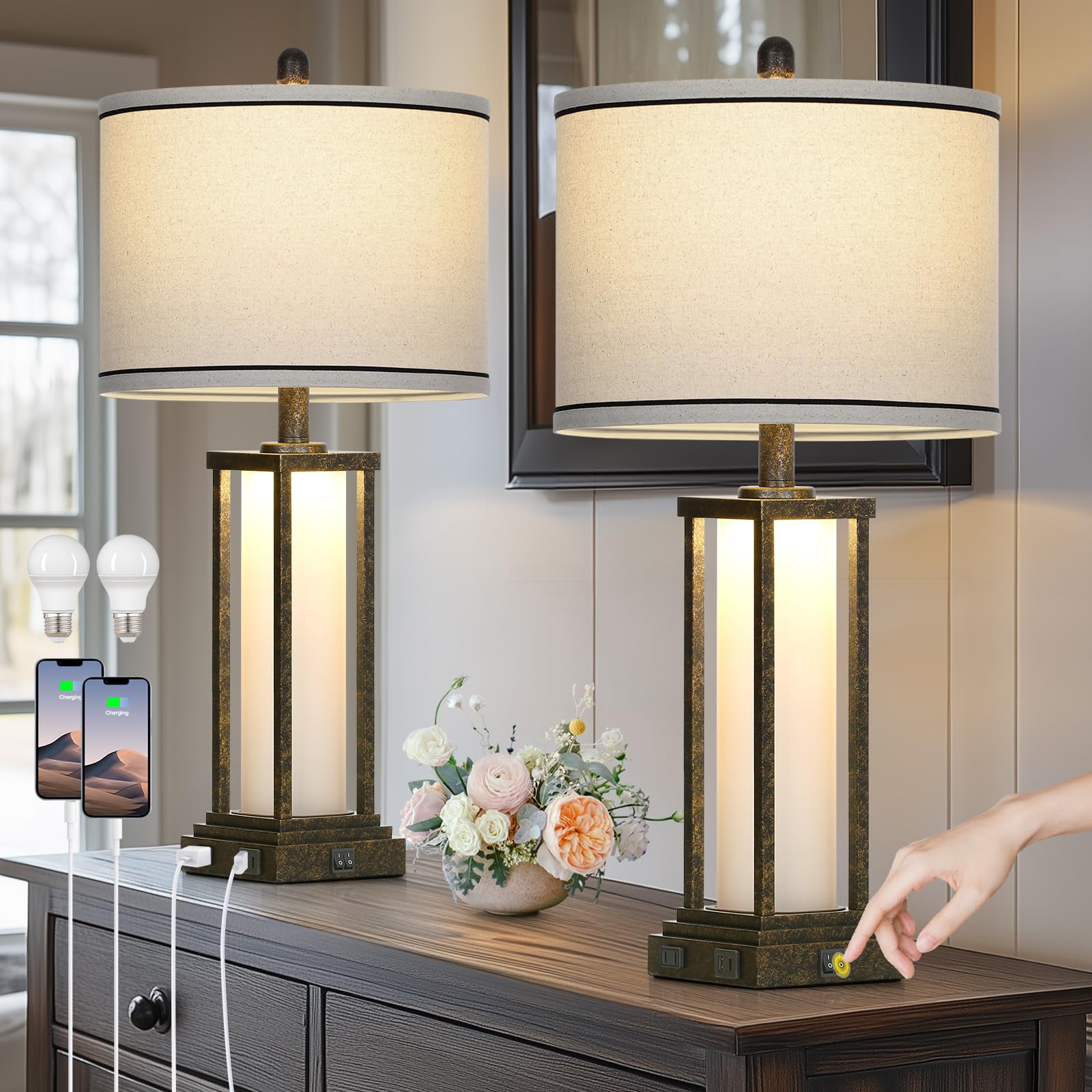 27" Tall Vintage Table Lamp Set of 2 with USB C+A & Outlet,Bronze ...