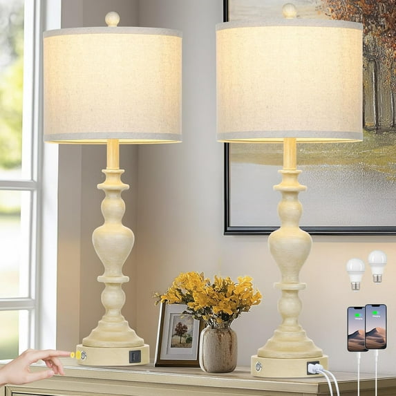 27" Vintage Table Lamps Set of 2, Farmhouse Resin Bedside Lamp with USB ...