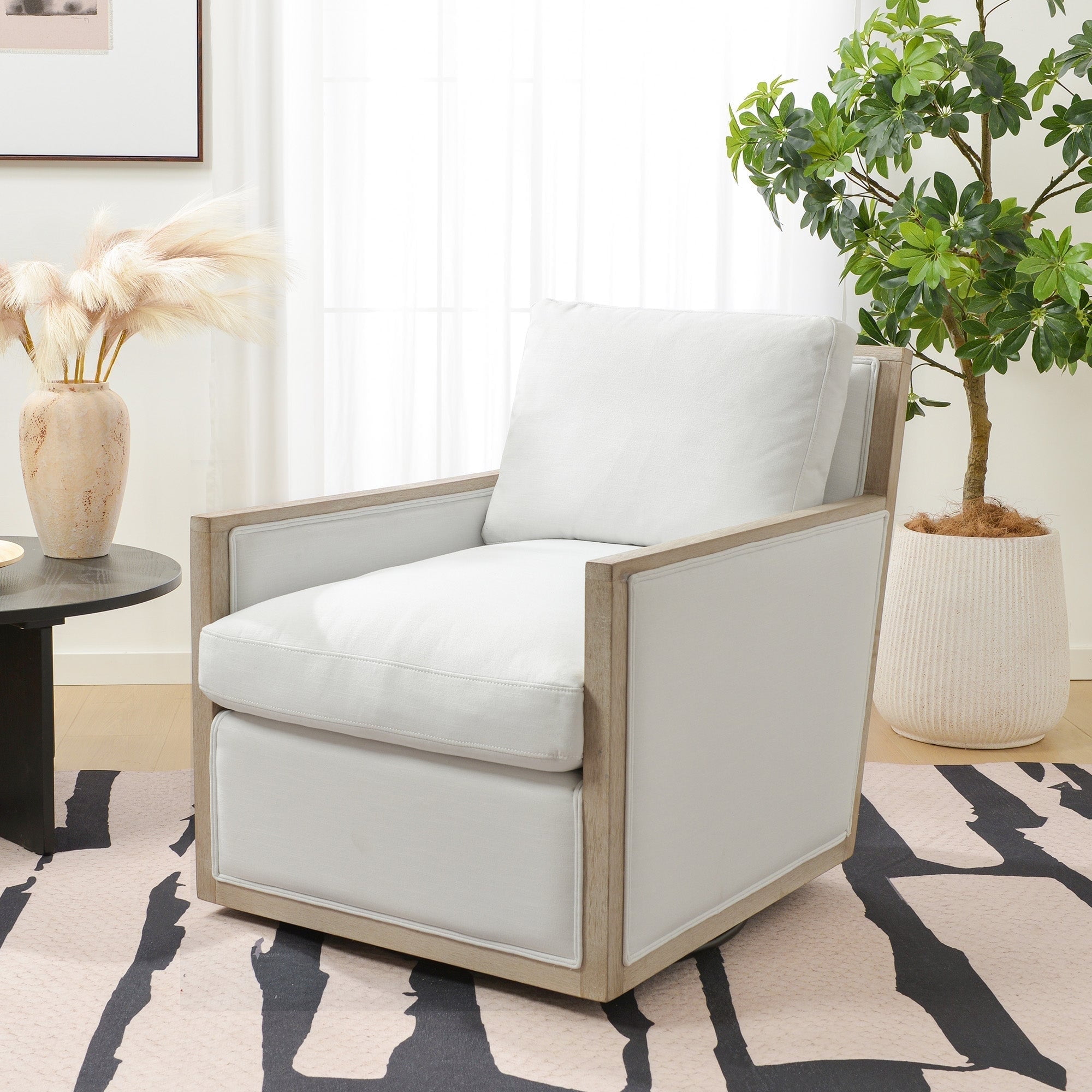 27" Wide Oak Wood Frame Performance Fabric Swivel Armchair, No Assembly ...