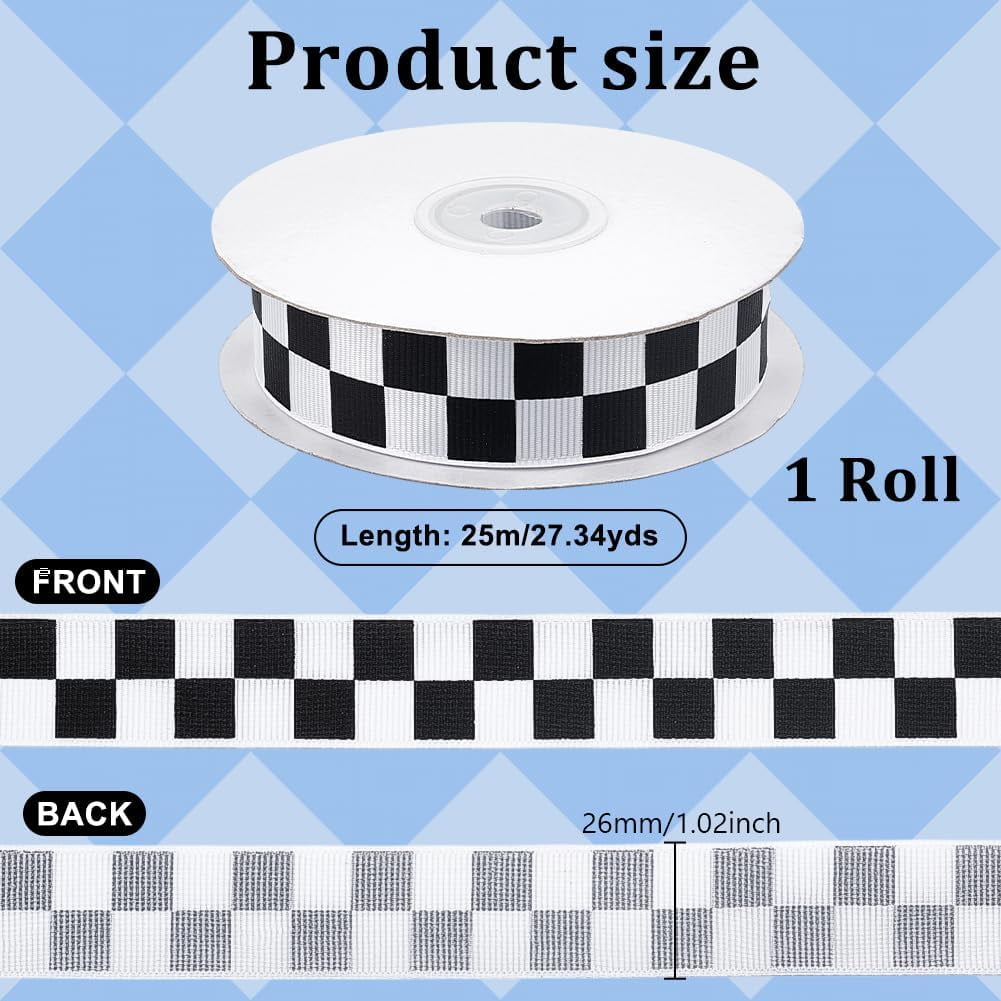 27 Yards Black and White Check Ribbon 1 Inch Racing Car Themed ...