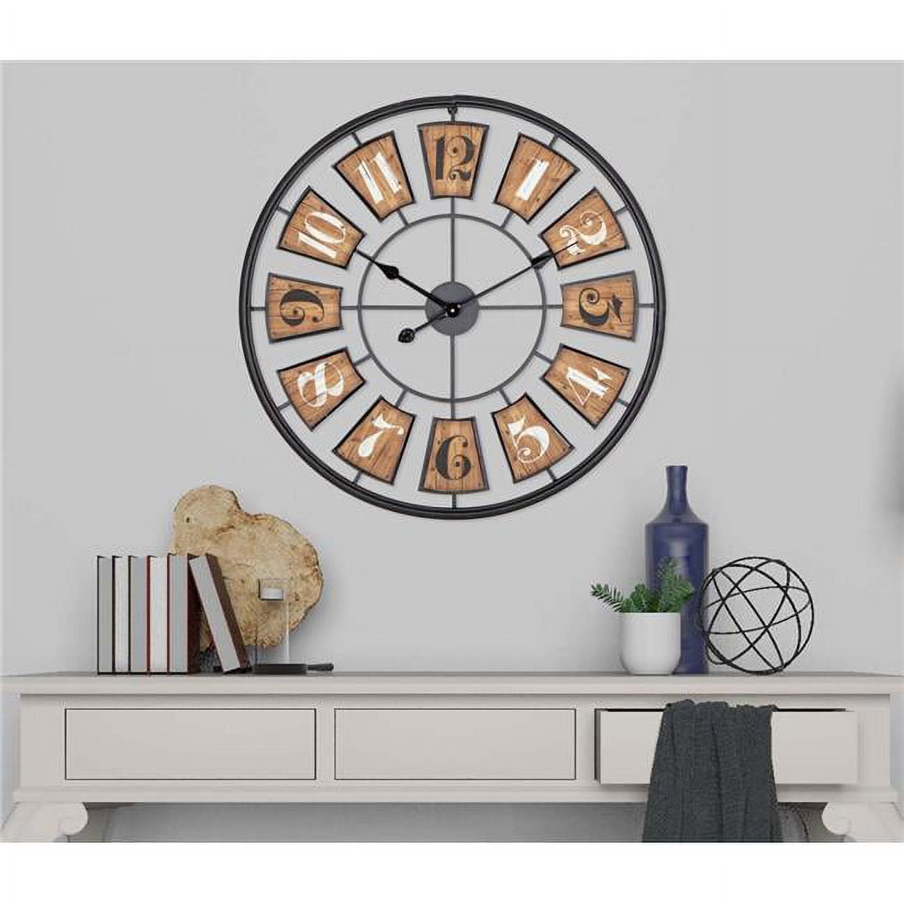 27 in. Metal Wall Clock with Black Frame & Wood Colored Panels ...