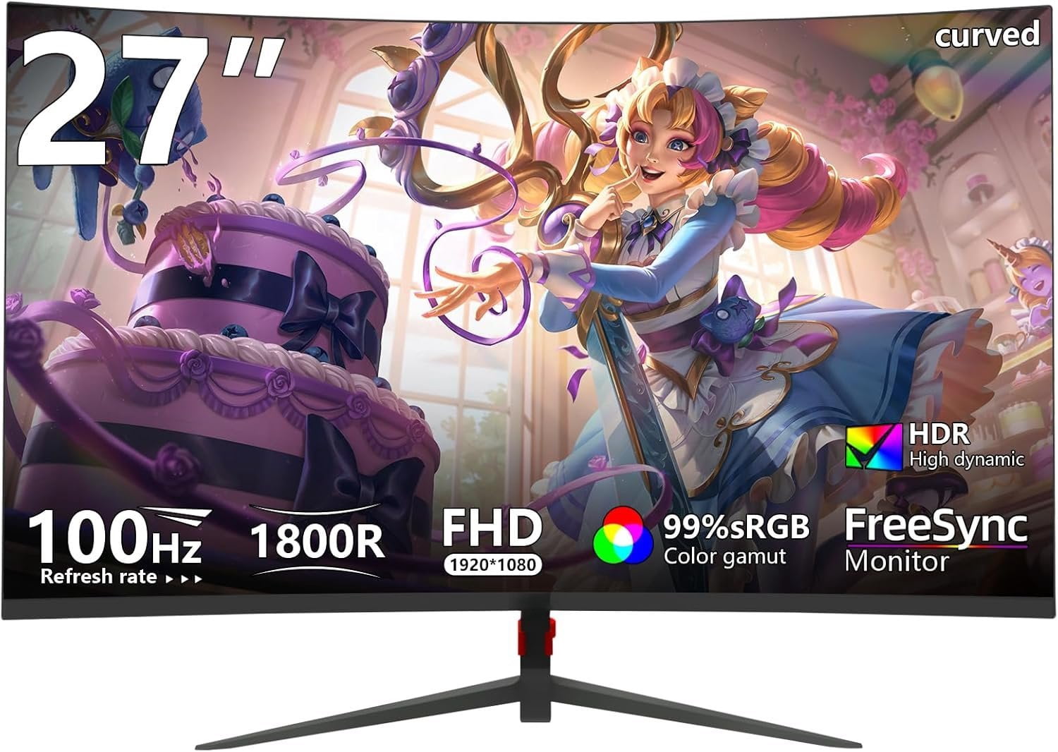 27 inch Curved 100Hz Computer MonitorFHD 1080p,HDR,99% sRGB,1800R,VESA ...