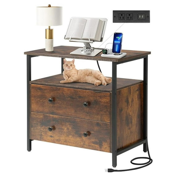 27 inch Wide Night Stand with Charging Station, Bedside Table with Open ...