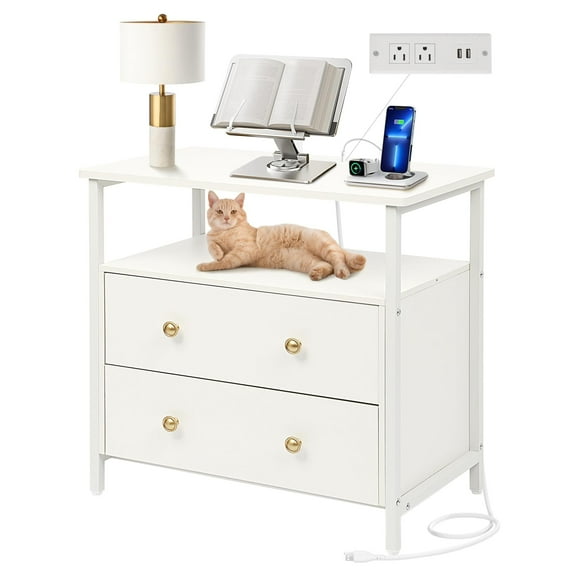 27 inch Wide Night Stand with Charging Station, Bedside Table with Open ...