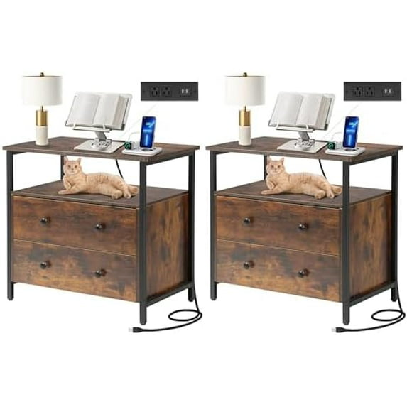 27 inch Wide Night Stand Set 2 with Charging Station, Bedside Table ...