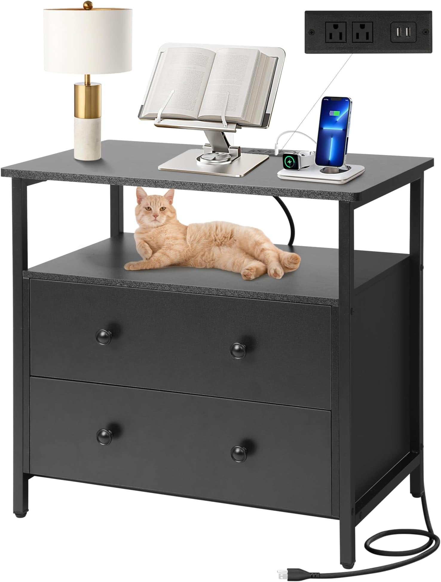 27 inch Wide Night Stand with Station, Bedside Table with Open Shelf, 2 ...