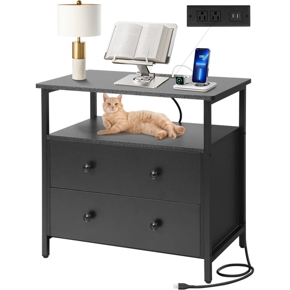 27 inch Wide Night Stand with Station, Bedside Table with Open Shelf, 2 ...