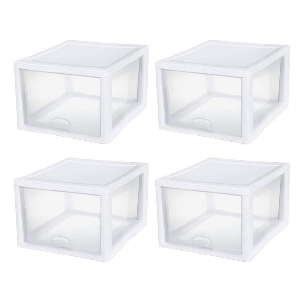 27 qt. Plastic Modular Stacking Storage Drawer Container in Clear, 4 ...
