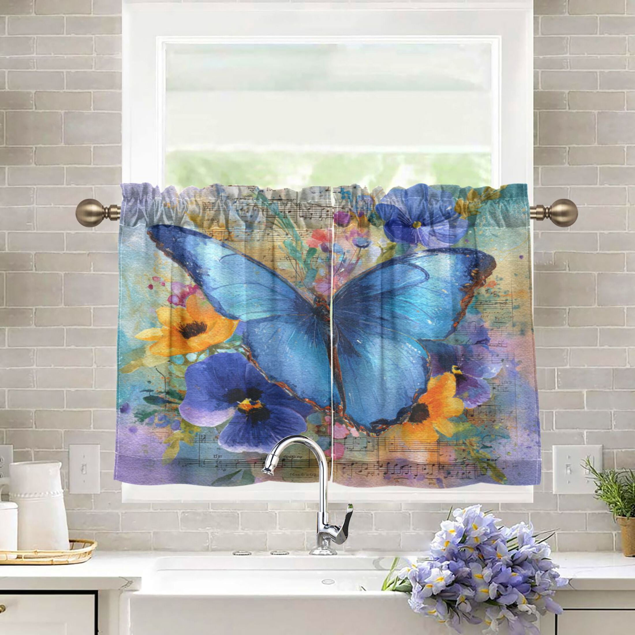 27"x24" Tier Curtains 2 Panels Blue Butterfly and Musical Sheets Semi ...
