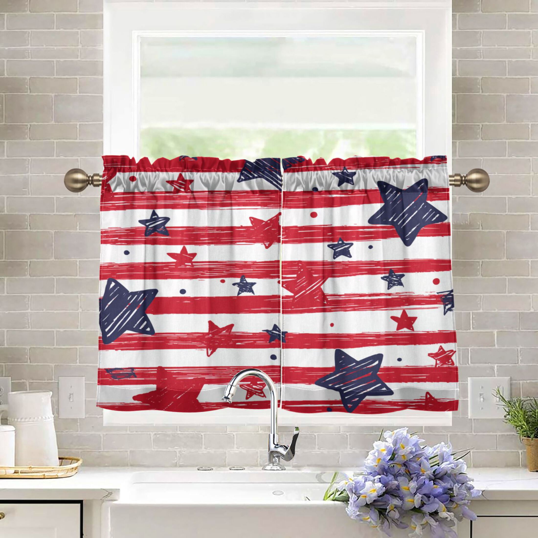 27"x24" Tier Curtains 2 Panels Doodle Star Stripe Seamless Semi Sheer ...