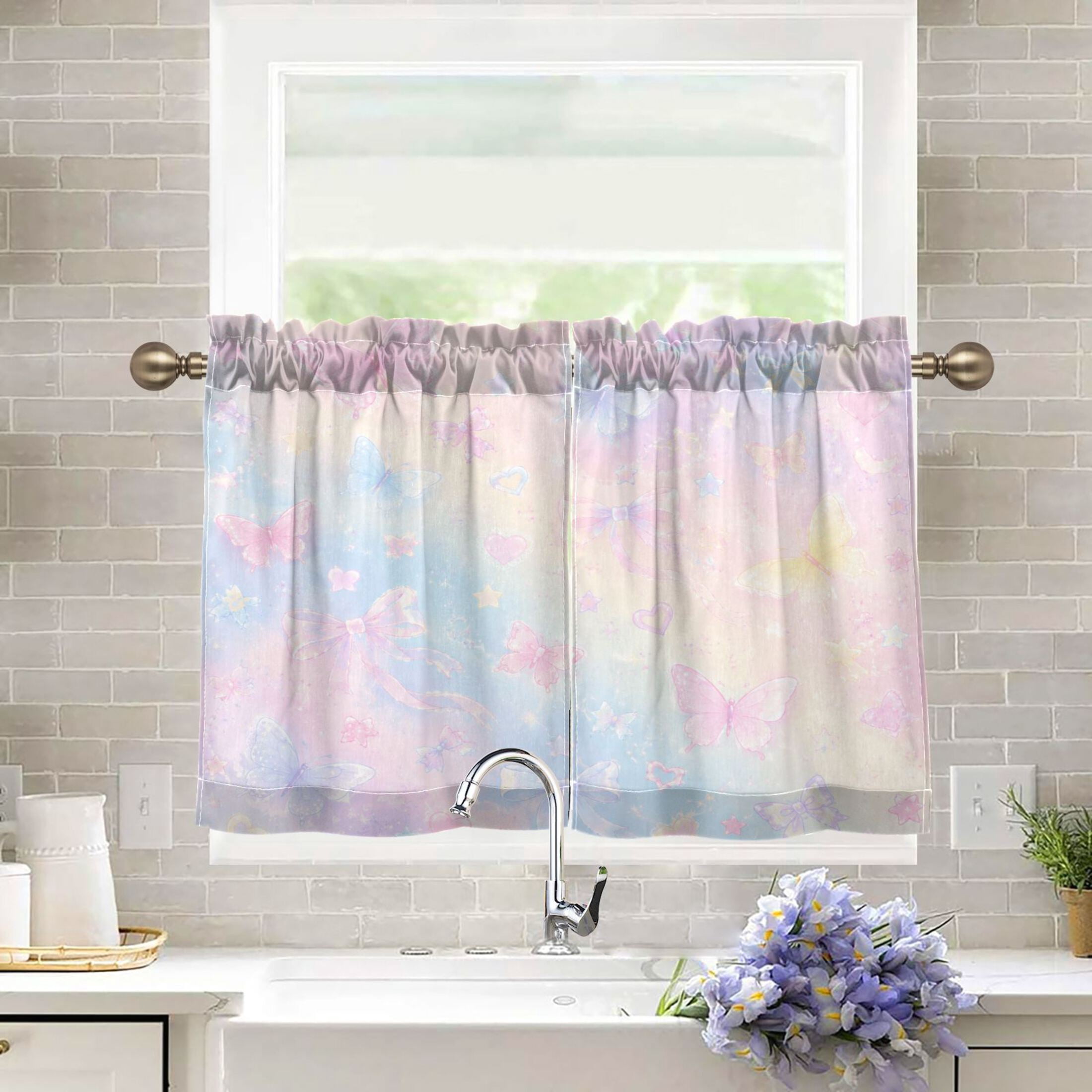 27"x24" Tier Curtains 2 Panels Dreamy Pink Blue Ribbon Print Semi Sheer ...