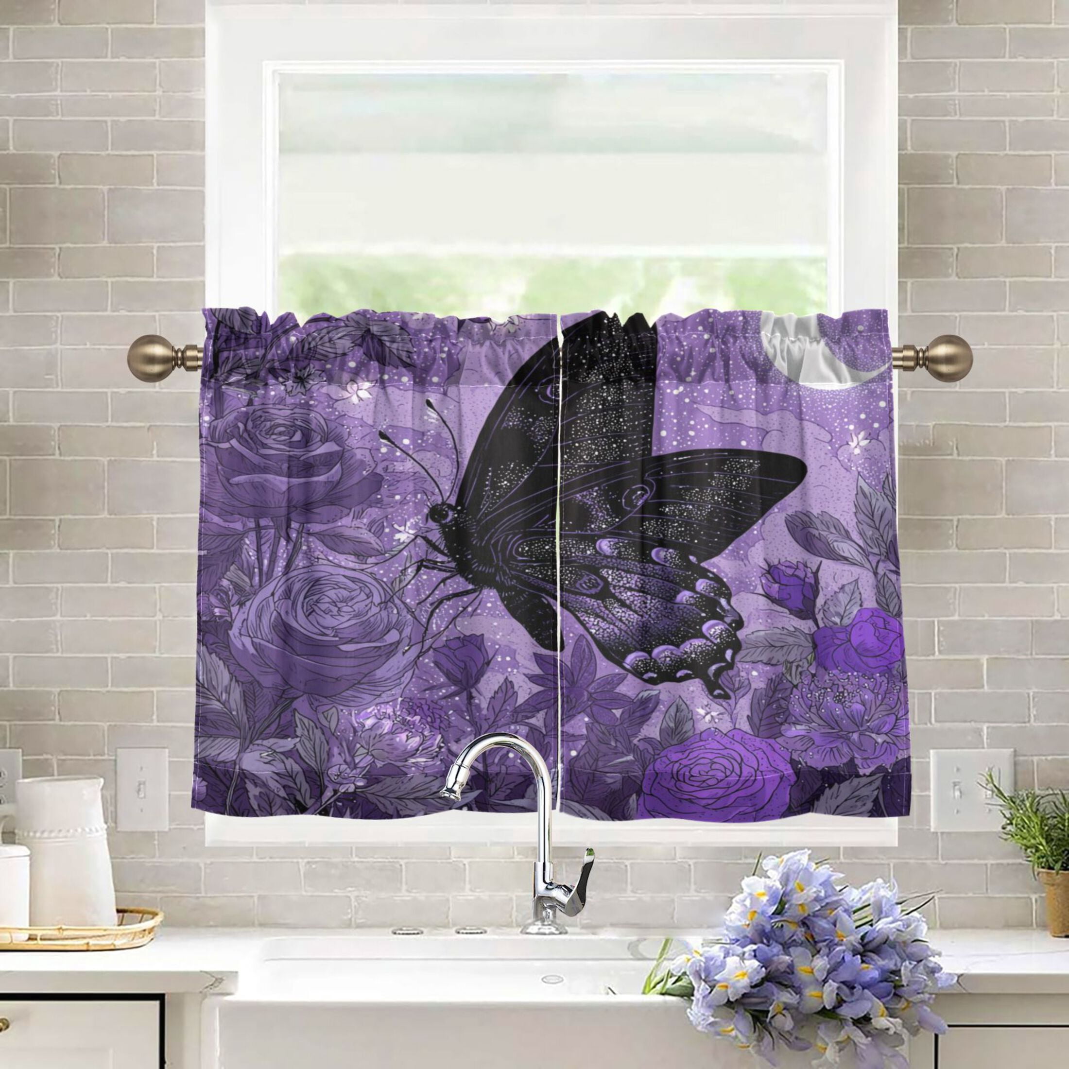 27"x24" Tier Curtains 2 Panels Enchanted Starry Night Butterfly Art ...