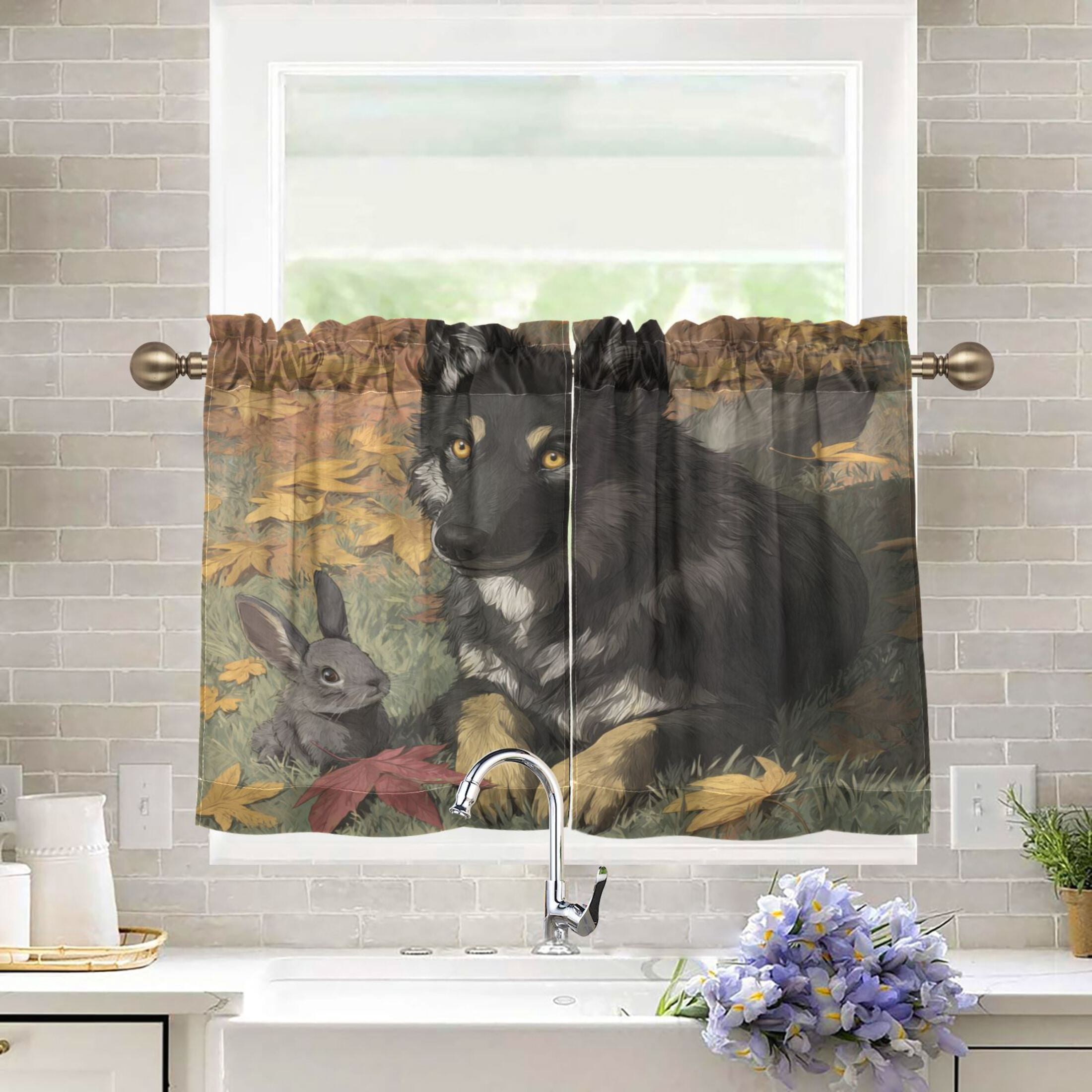 27"x24" Tier Curtains 2 Panels Gray Wolf and Rabbit Semi Sheer Kitchen ...