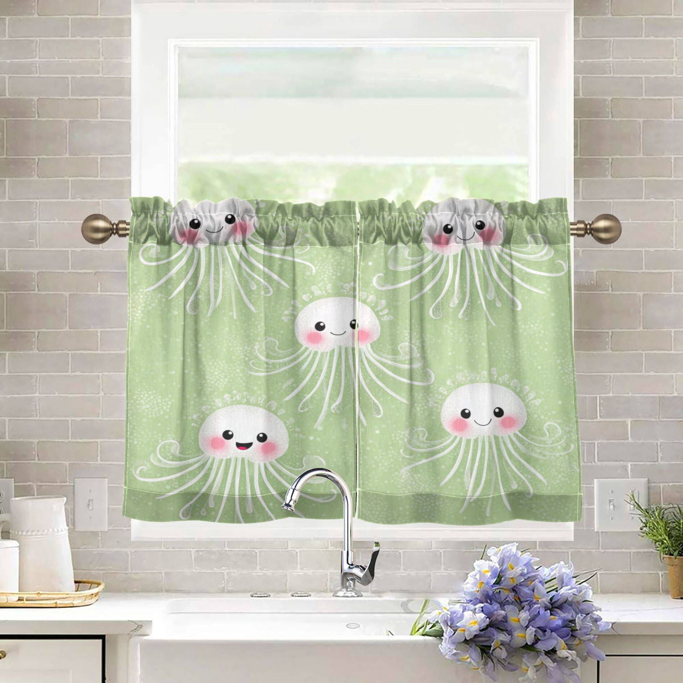 27"x24" Tier Curtains 2 Panels Green Jellyfish Design Semi Sheer ...