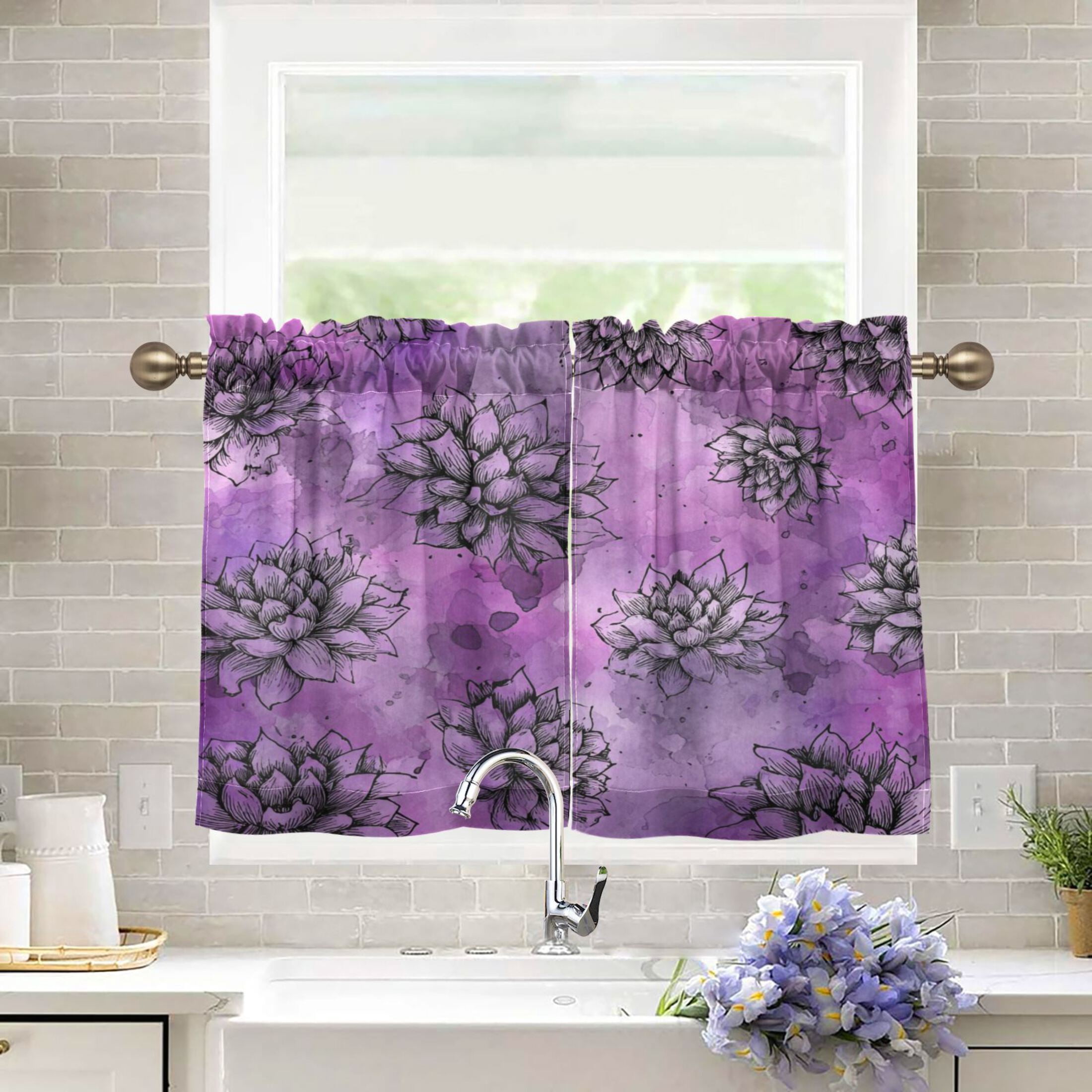 27"x24" Tier Curtains 2 Panels Lavender Succulent Blooms Semi Sheer ...