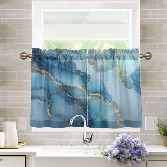 27"x24" Tier Curtains 2 Panels Light Blue Gold Marble Pattern Semi ...