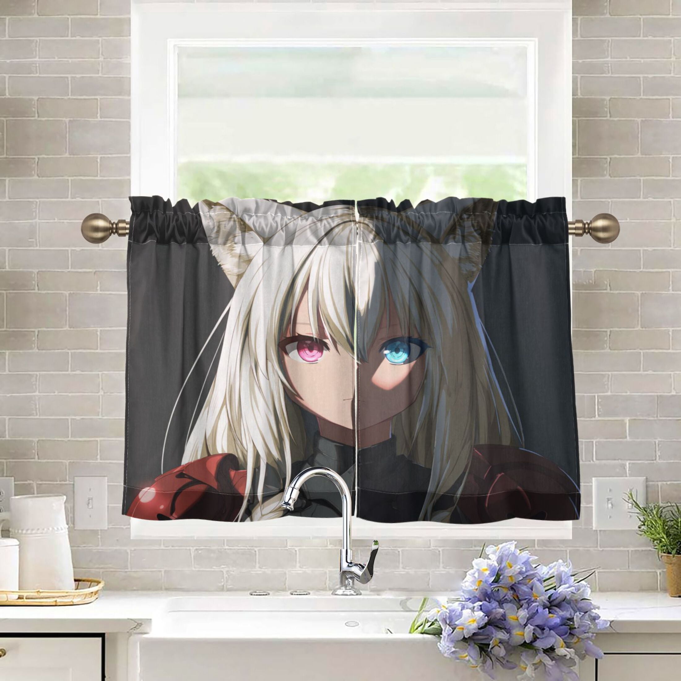 27"x24" Tier Curtains 2 Panels Neko Girl Semi Sheer Kitchen Short ...