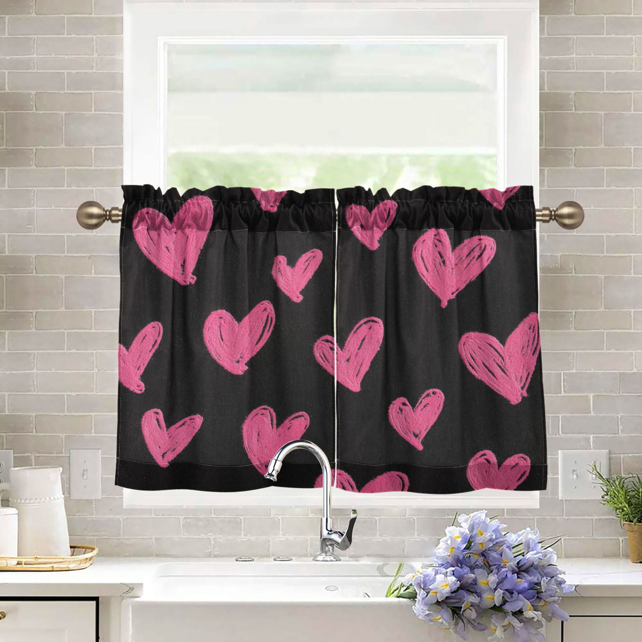 27"x24" Tier Curtains 2 Panels Neon Pink Heart Pattern Semi Sheer ...