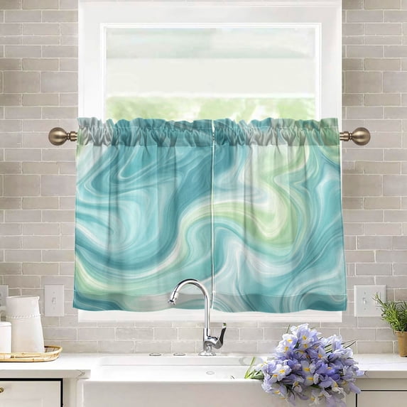 27"x24" Tier Curtains 2 Panels Oceanic Liquid Marble Design Semi Sheer ...