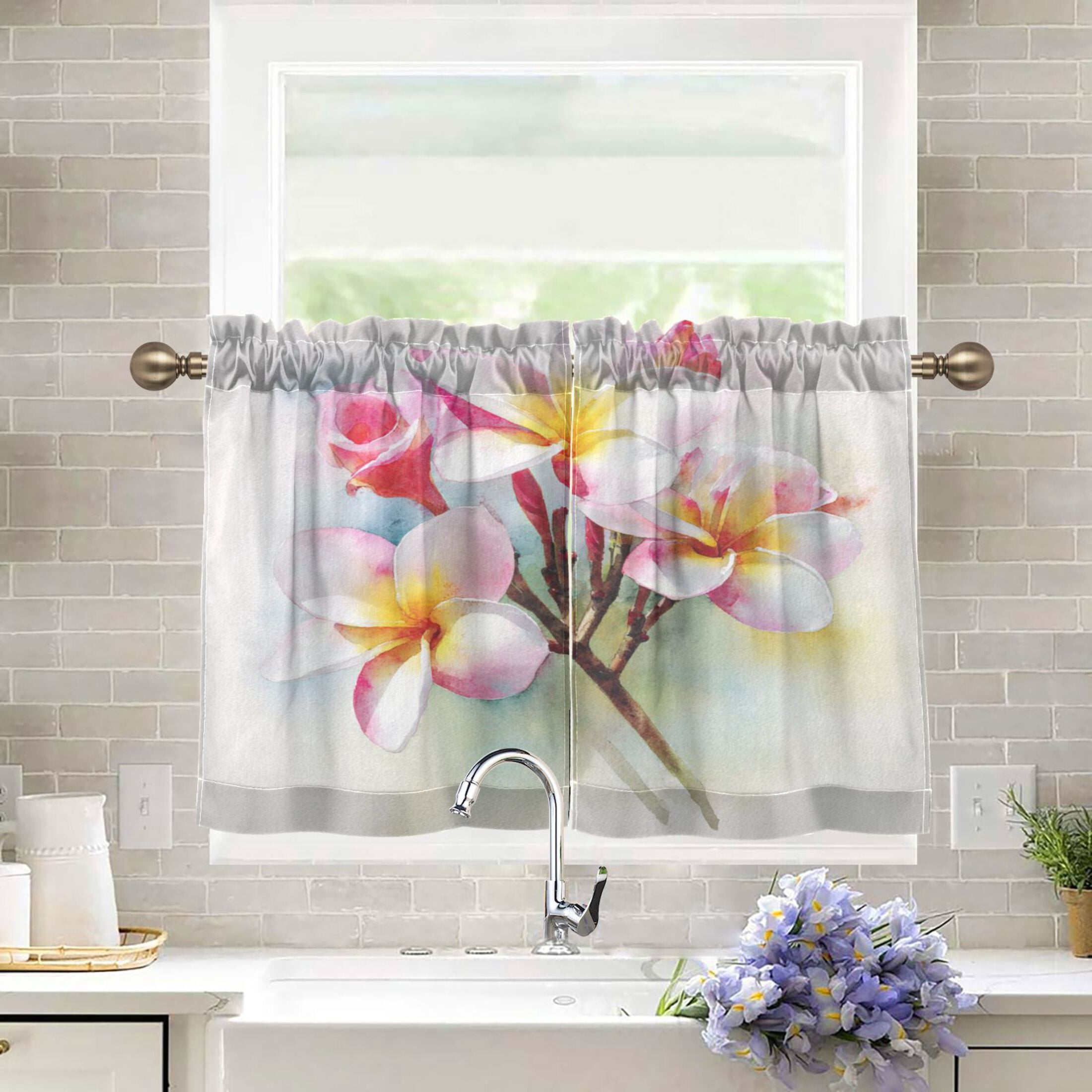 27"x24" Tier Curtains 2 Panels Plumeria Breeze Pattern Semi Sheer ...