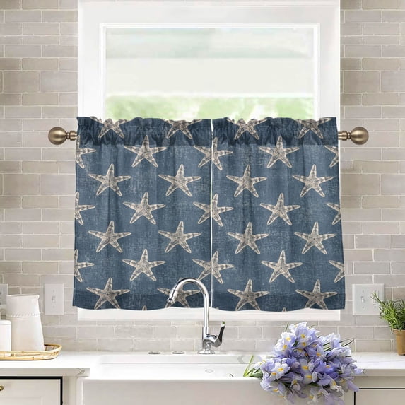 27"x24" Tier Curtains 2 Panels Retro Coastal Starfish Design Semi Sheer ...