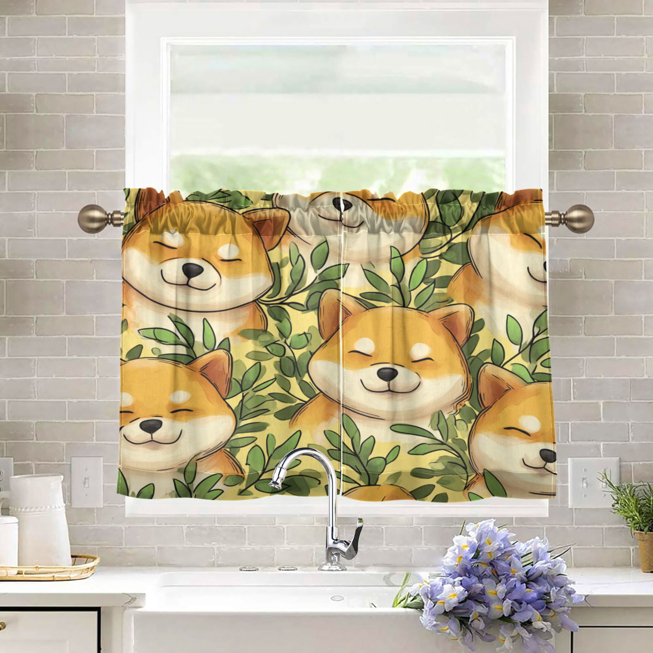 27"x24" Tier Curtains 2 Panels Sleepy Shiba Buddies Semi Sheer Kitchen ...
