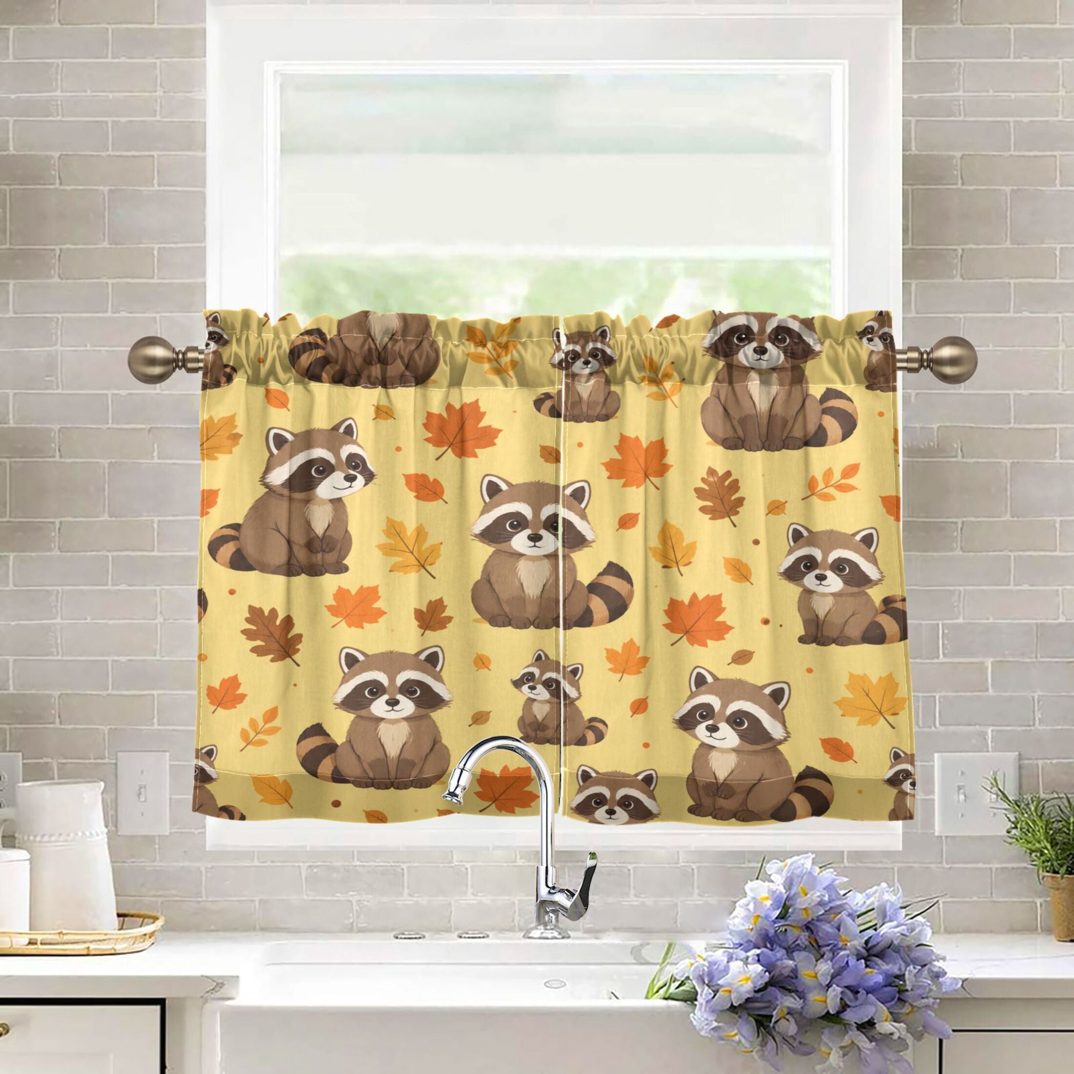 27"x24" Tier Curtains 2 Panels Sweet Raccoons Fall Pattern Semi Sheer ...