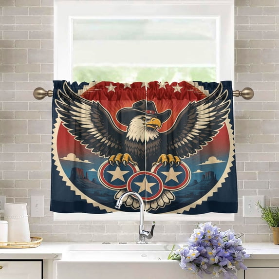 27"x24" Tier Curtains 2 Panels Vintage Western Eagle Emblem Semi Sheer ...