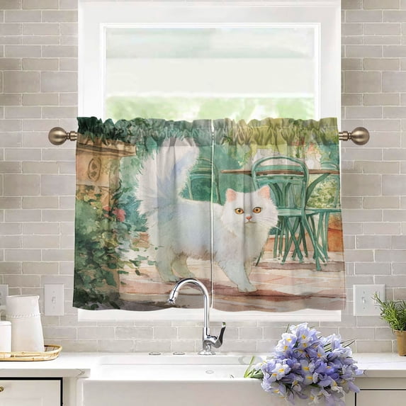 27"x24" Tier Curtains 2 Panels Watercolor White Persian Cat Semi Sheer ...