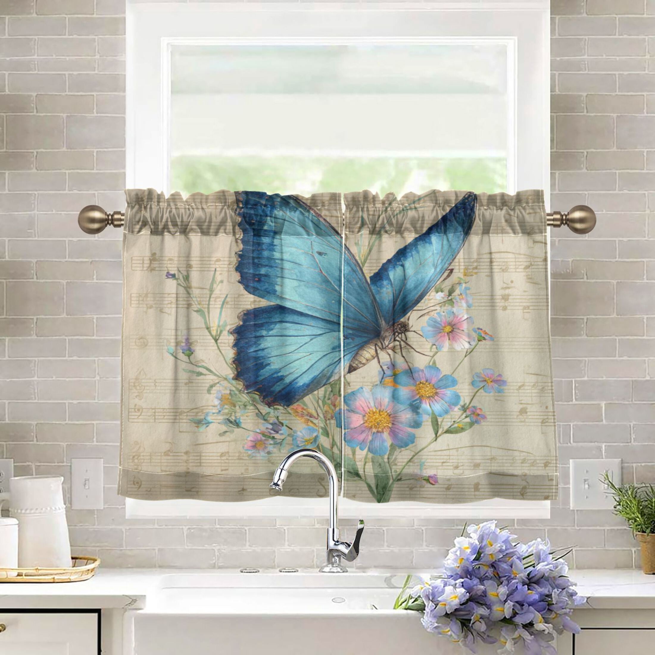 27"x36" Tier Curtains 2 Panels Blue Butterfly and Music Notes Semi ...