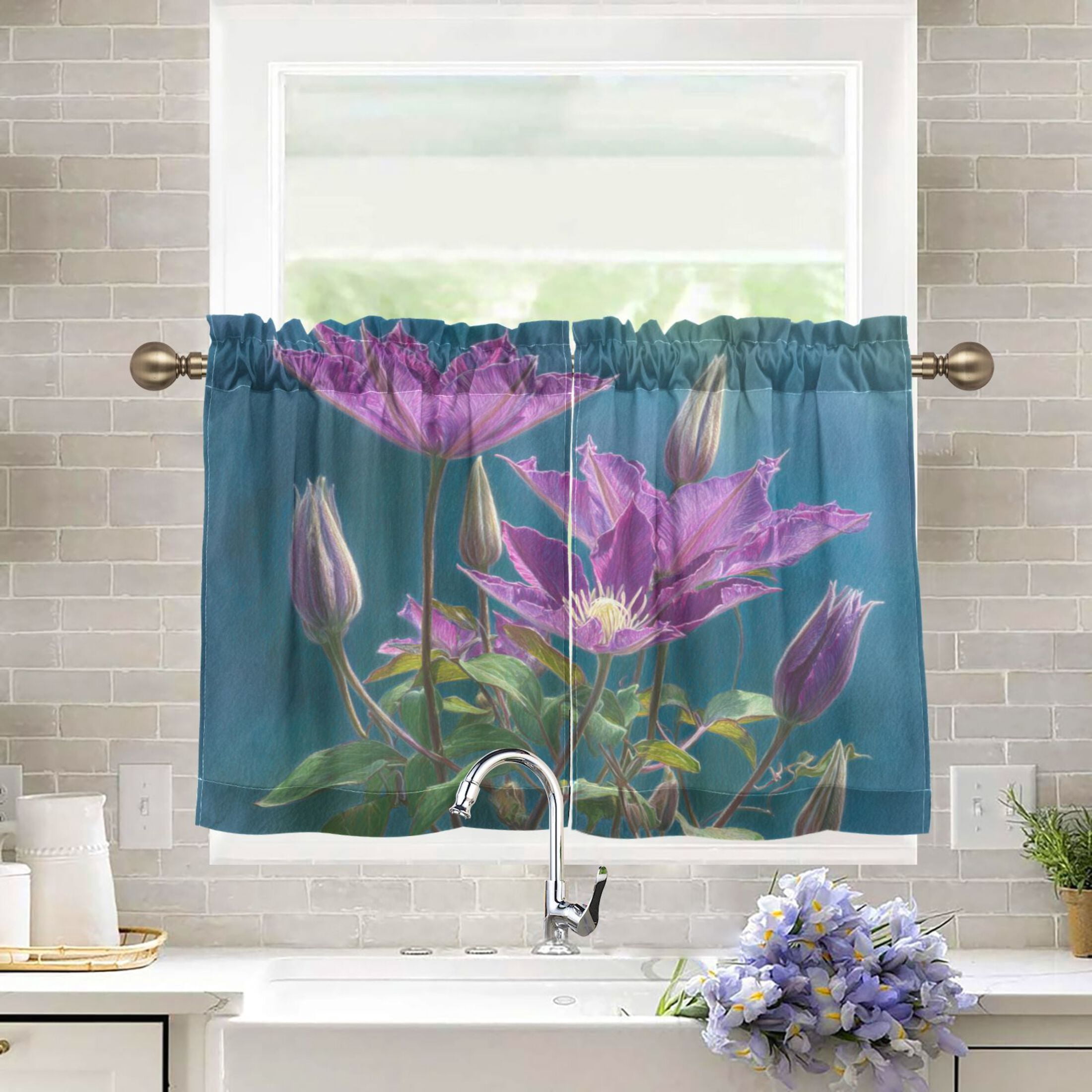 27"x36" Tier Curtains 2 Panels Clematis in Full Bloom Semi Sheer ...
