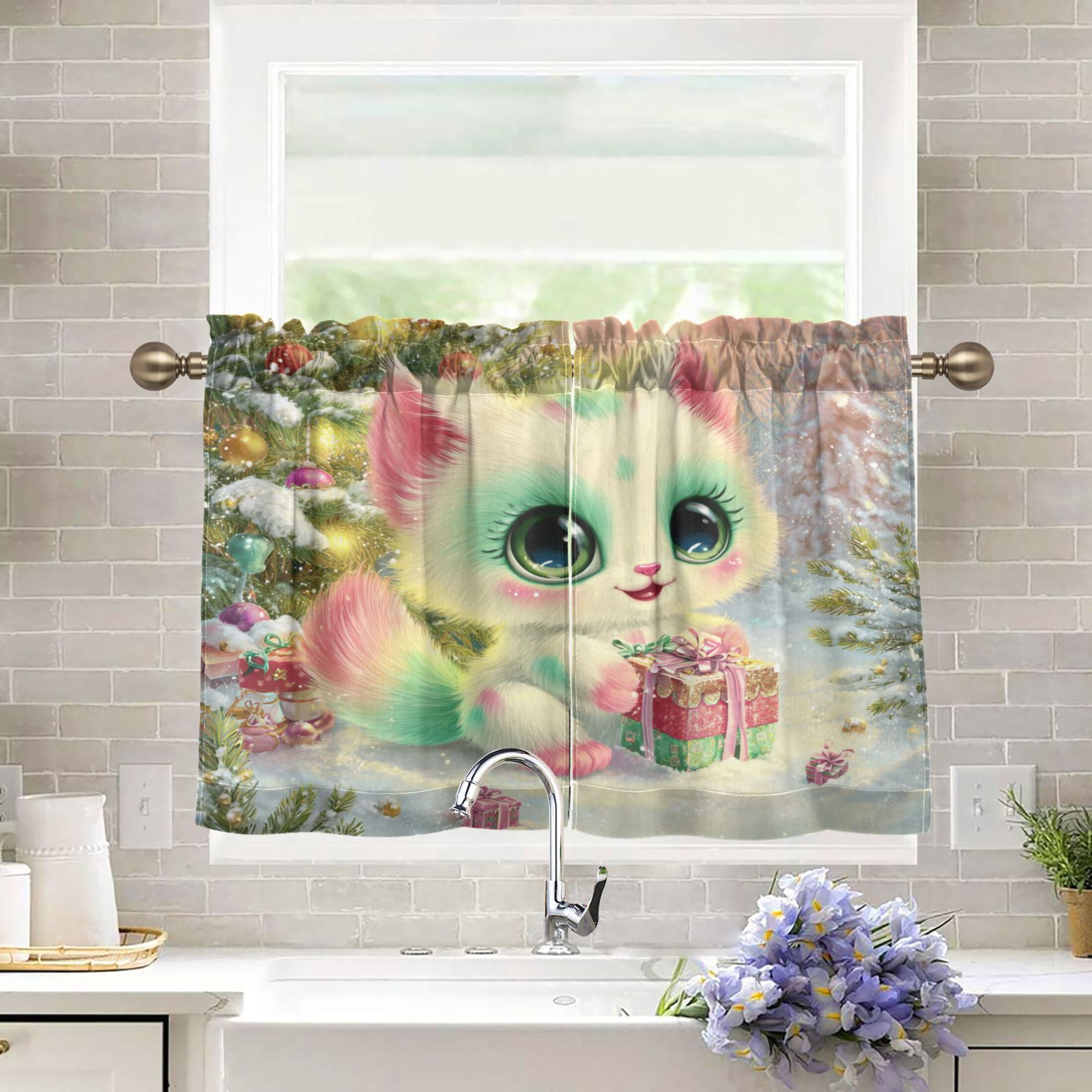 27"x36" Tier Curtains 2 Panels Colorful Cute Christmas Cat Semi Sheer ...