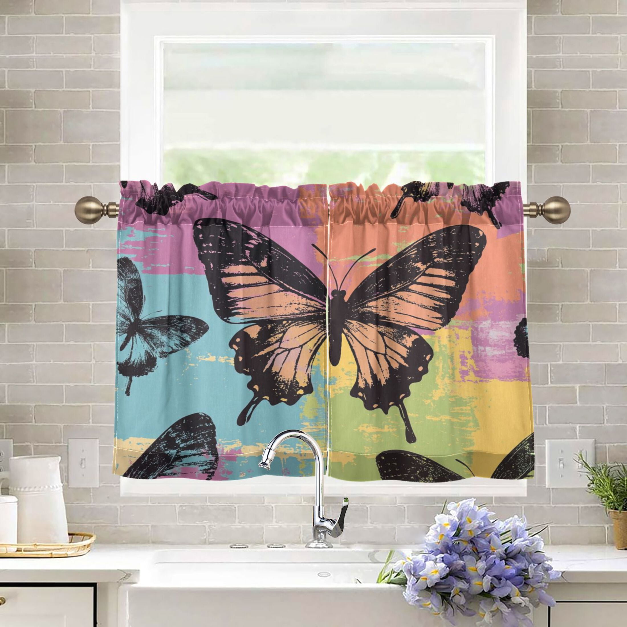 27"x36" Tier Curtains 2 Panels Colorful Ink Butterfly Semi Sheer ...