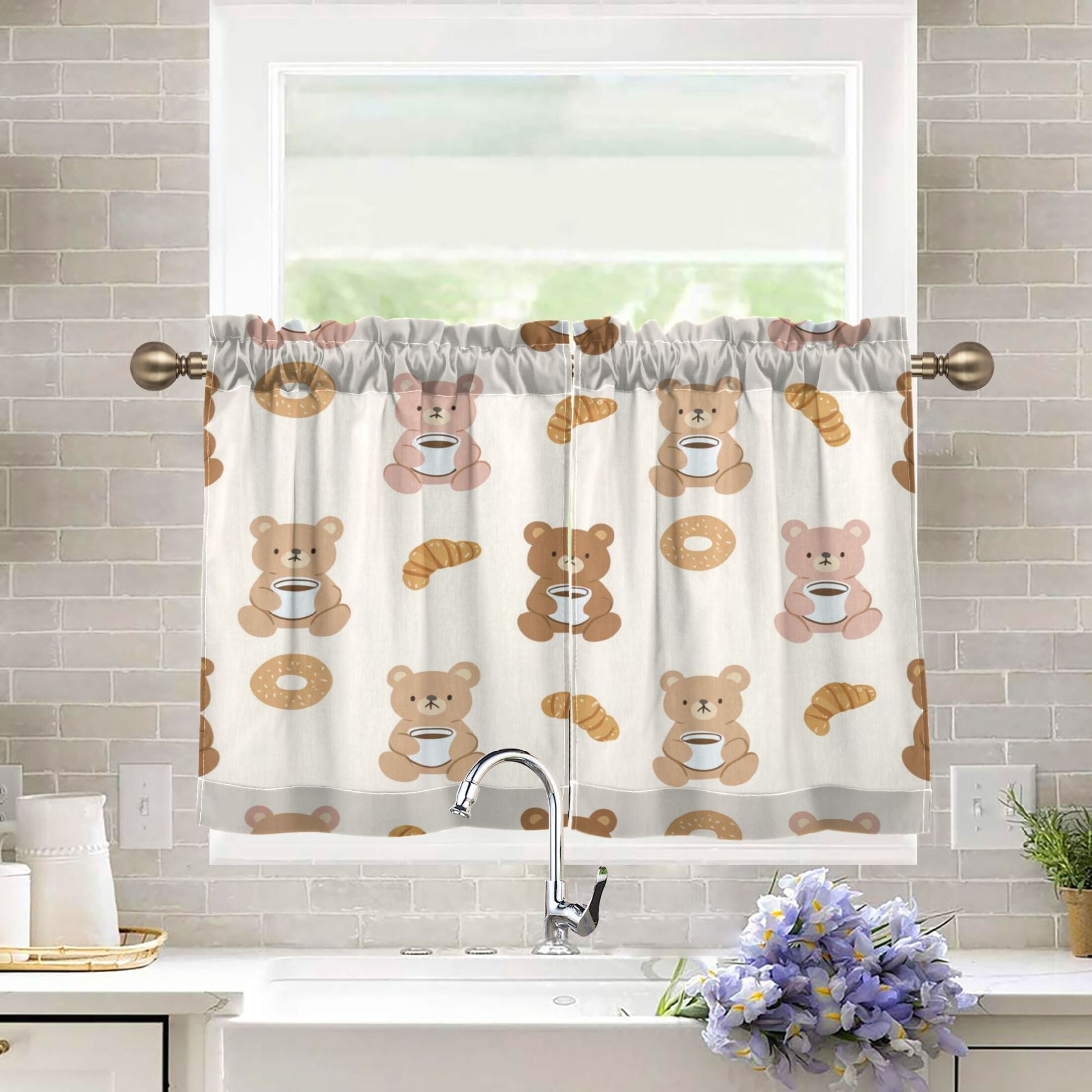 27"x36" Tier Curtains 2 Panels Cute Teddy Bear Pattern Semi Sheer ...