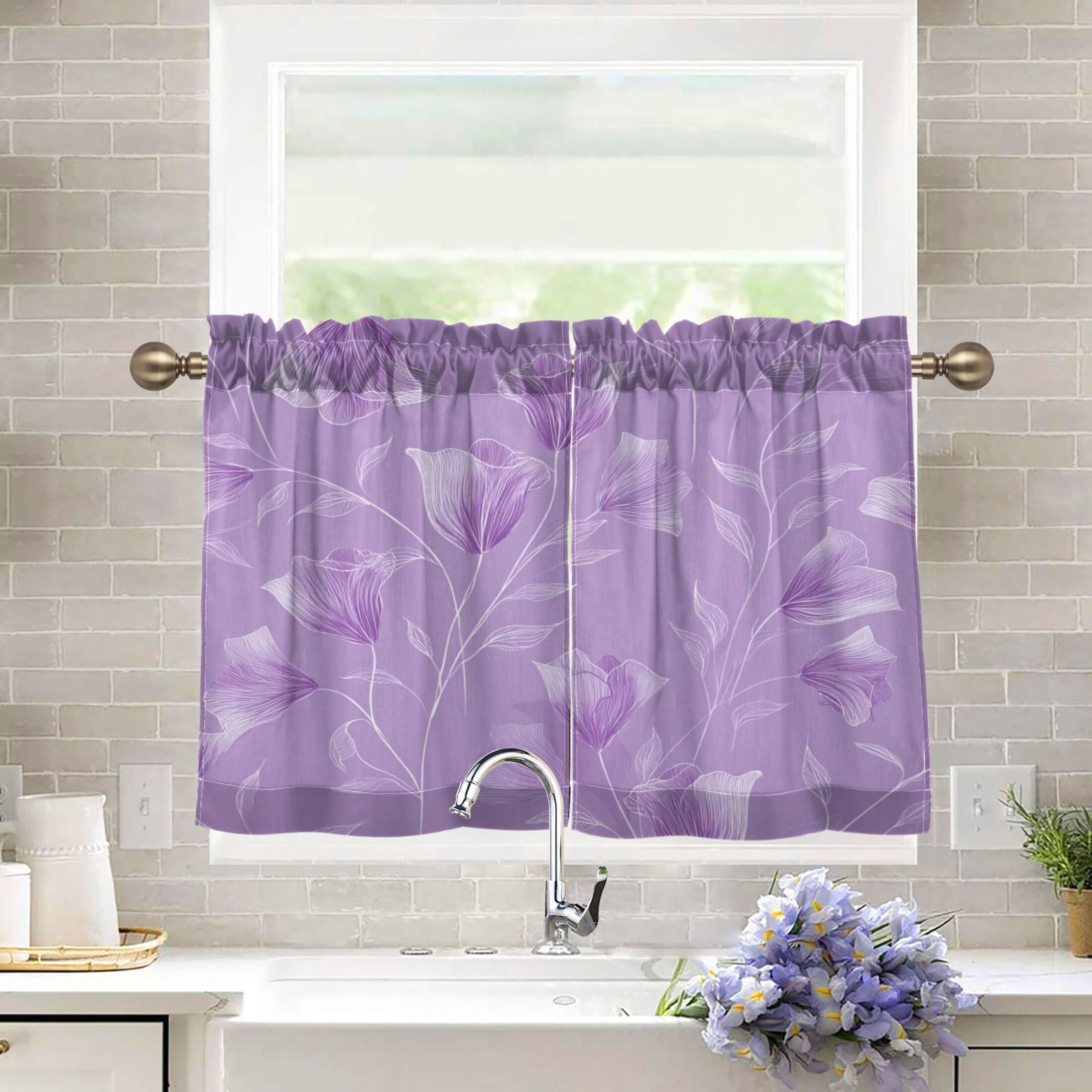 27"x36" Tier Curtains 2 Panels Elegant Lavender Design Semi Sheer ...
