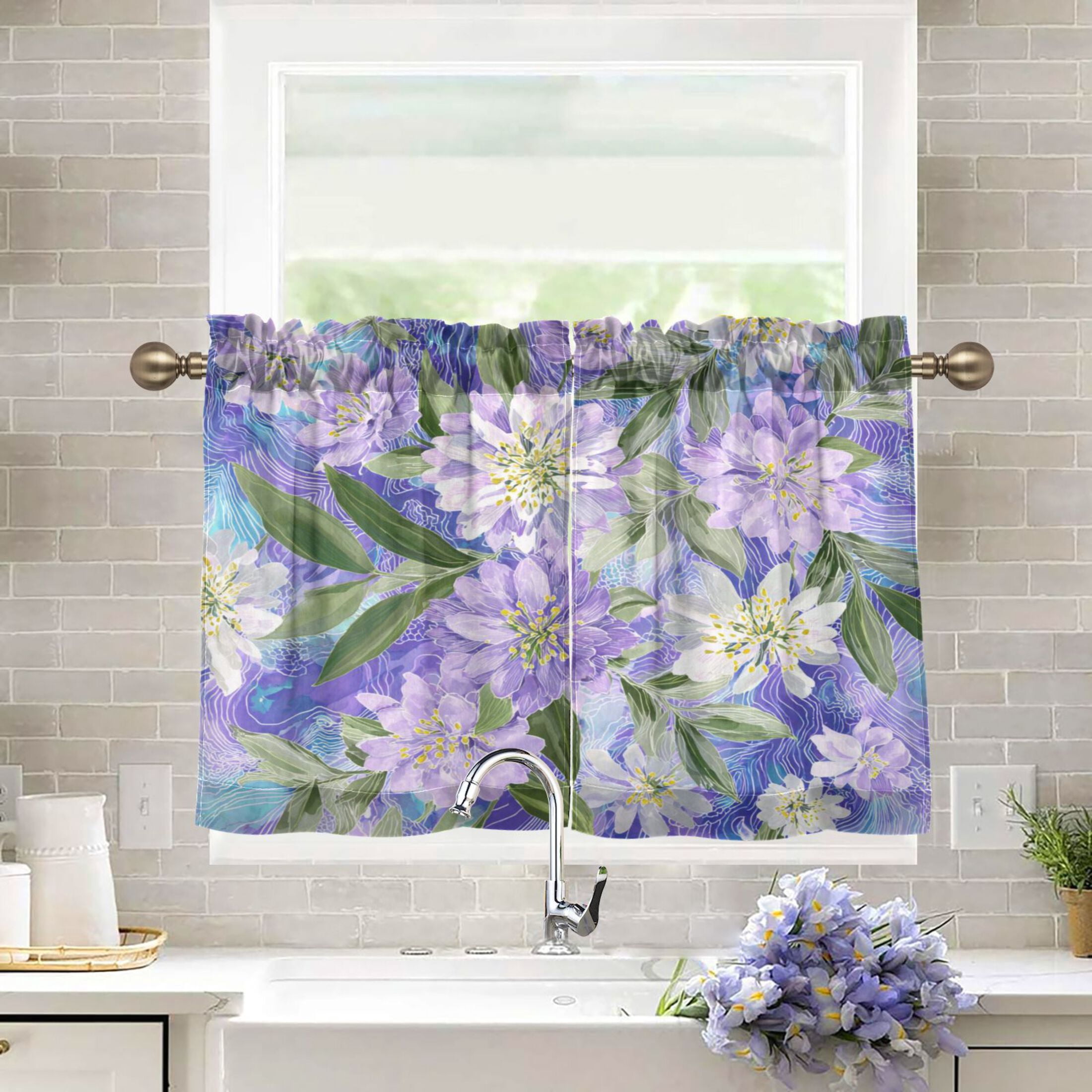 27"x36" Tier Curtains 2 Panels Elegant Purple Daffodil Pattern Semi ...