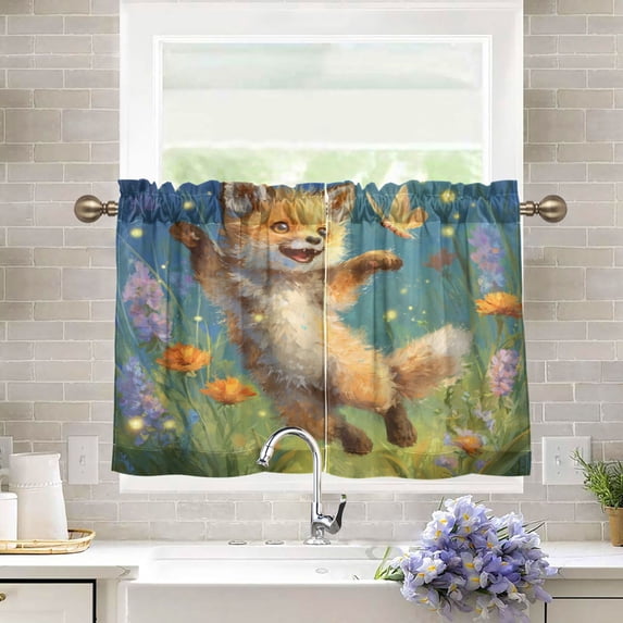 27"x36" Tier Curtains 2 Panels Fox and Butterfly Semi Sheer Kitchen ...