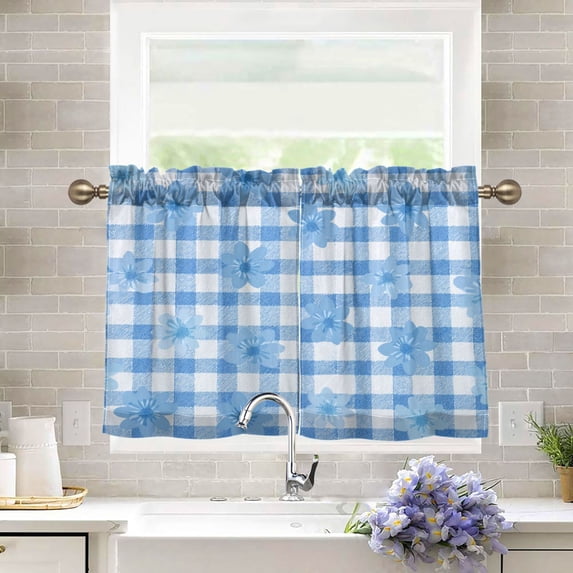 27"x36" Tier Curtains 2 Panels Fresh Blue Gingham Floral Design Semi ...
