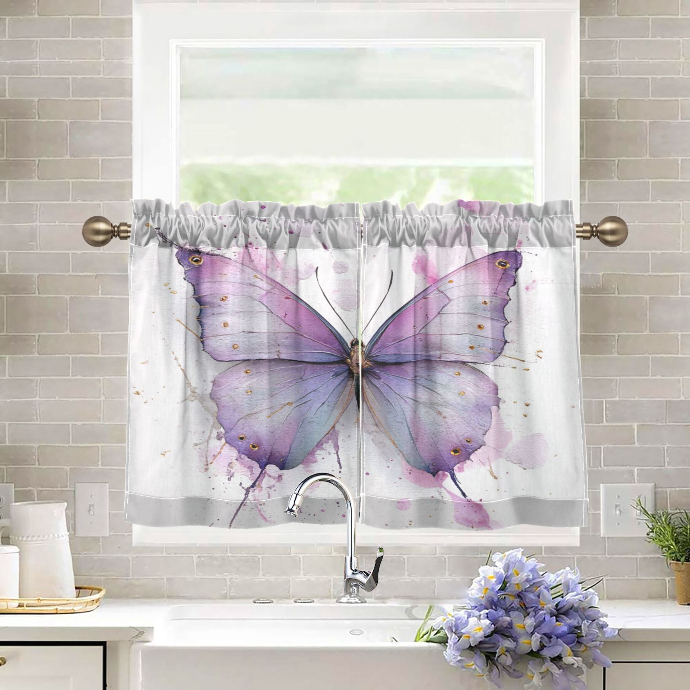 27"x36" Tier Curtains 2 Panels Gold Vein Butterfly Art Print Semi Sheer ...