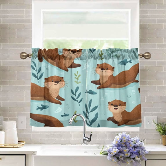 27"x36" Tier Curtains 2 Panels Happy Otter Underwater Art Semi Sheer ...