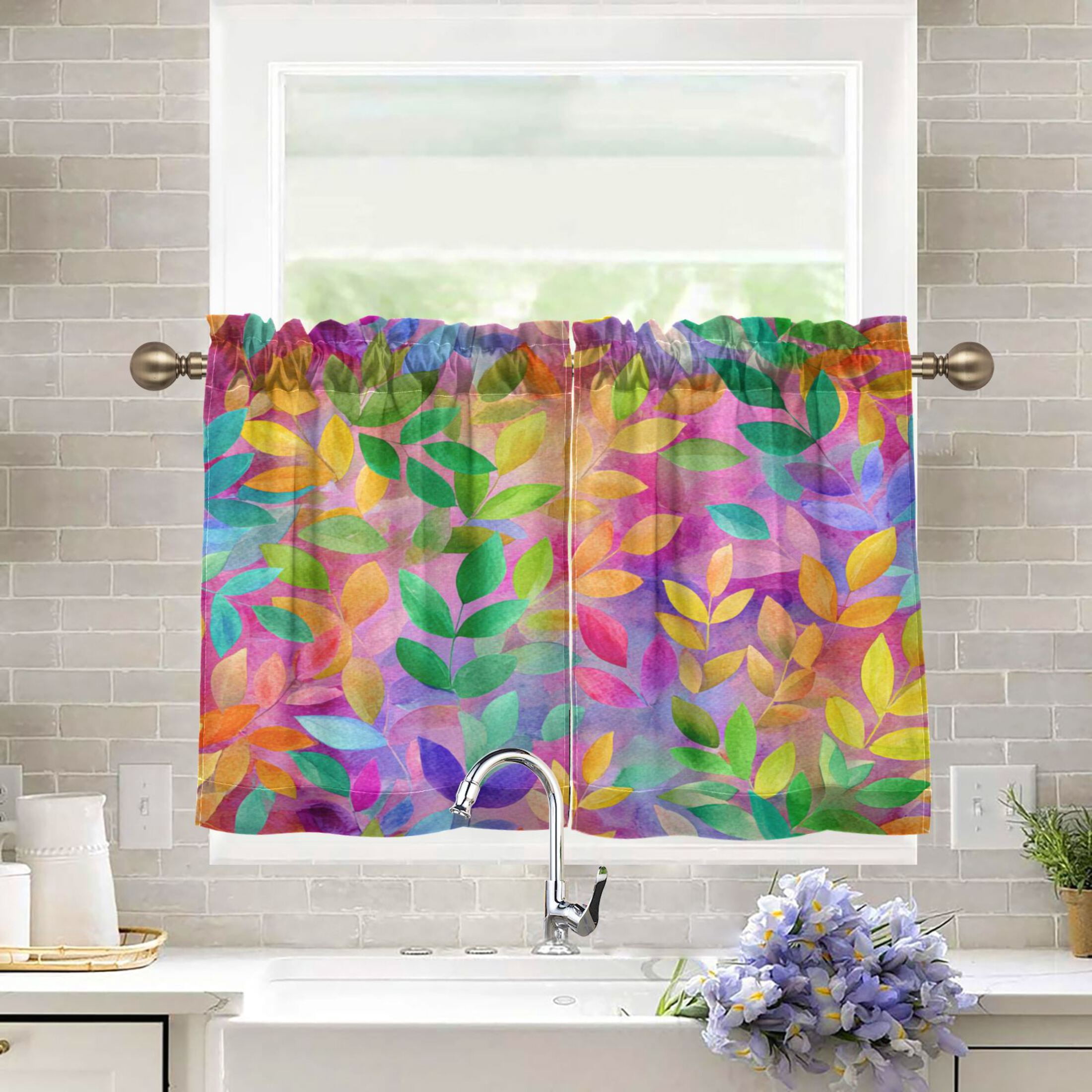 27"x36" Tier Curtains 2 Panels Multicolor Foliage Design Semi Sheer ...