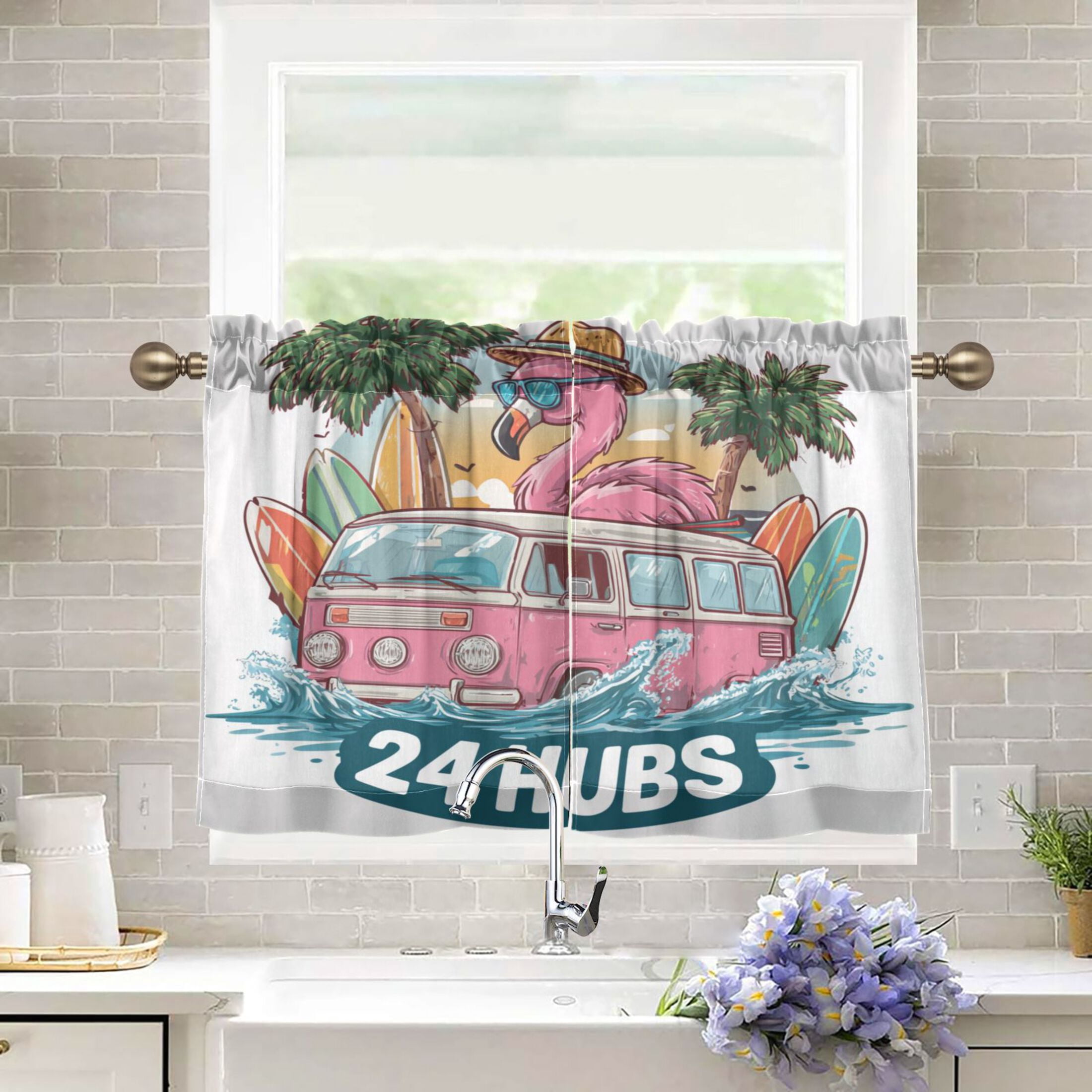 27"x36" Tier Curtains 2 Panels Pink Flamingo Wearing Sunglasses Semi ...